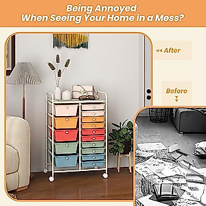 15 Drawer Rolling Storage Cart, Mobile Utility Cart with Lockable Wheels, Drawers, Multipurpose Organizer Cart for Home, Office, School, Mixed Color