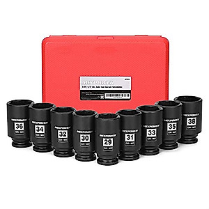 MIXPOWER 1/2- Inch Drive Deep Impact Socket Set, 6 Point, CR-MO, Metric, 29mm-38mm, 9-Piece 1/2" Dr. Deep Spindle Axle Nut Impact Socket Set