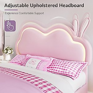 Jocisland LED Twin Bed Frame for Girls Upholstered Floating Bed with Cute Cloud Headboard, No Box Spring Needed, Leather, Pink