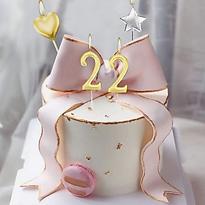 FULANDL 26Pcs Birthday Numeral Candles Set, 10Pcs Number 0-9 Glitter Cake Topper Decoration with 16Pcs Long, Star, Heart Birthday Candles (Gold)