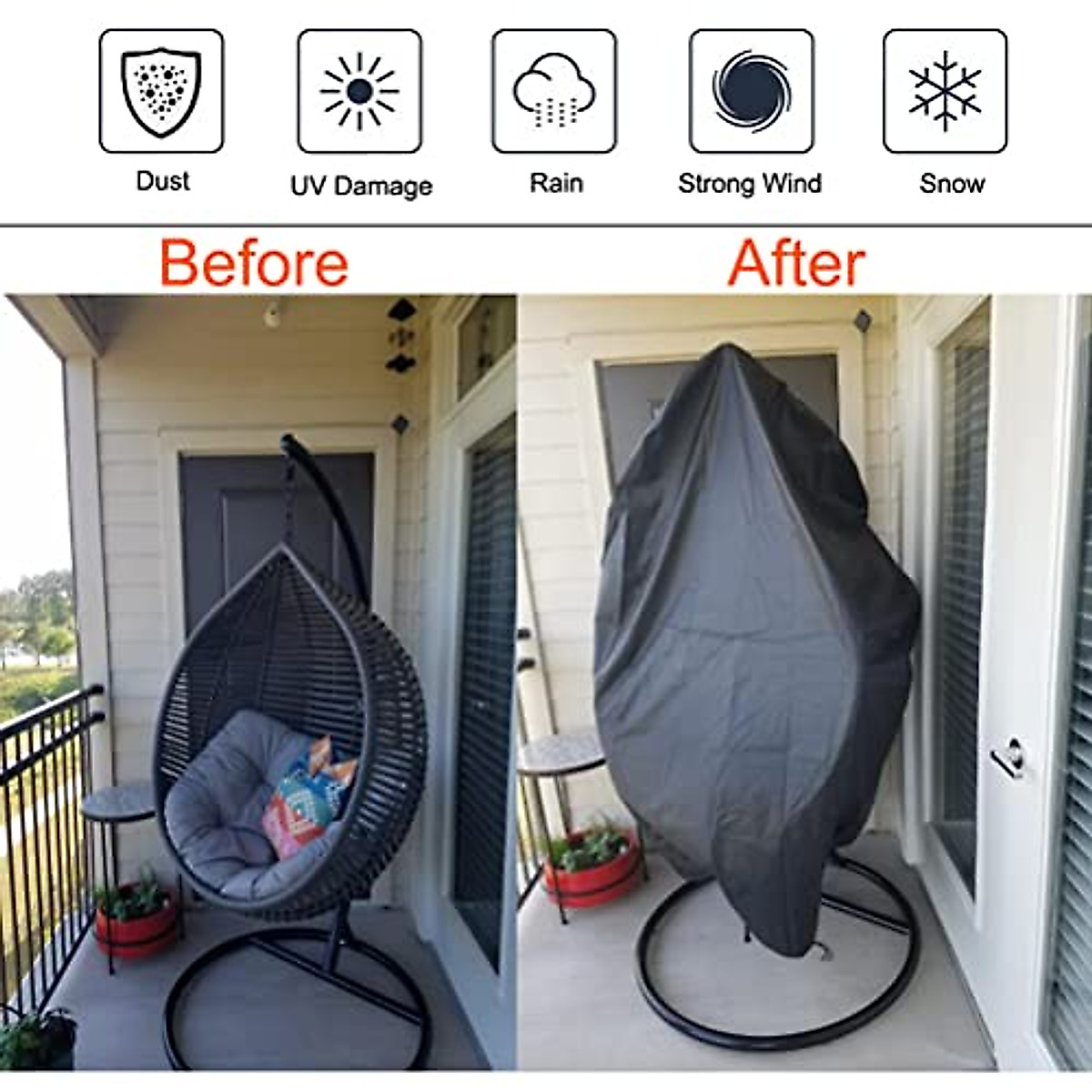Oslimea Patio Hanging Egg Chair Cover, Waterproof with Zipper, Wind-Proof Swing Egg Chair Cover with Bottom Buckle, Outdoor Wicker Single Seat Egg Chair Covers, Black