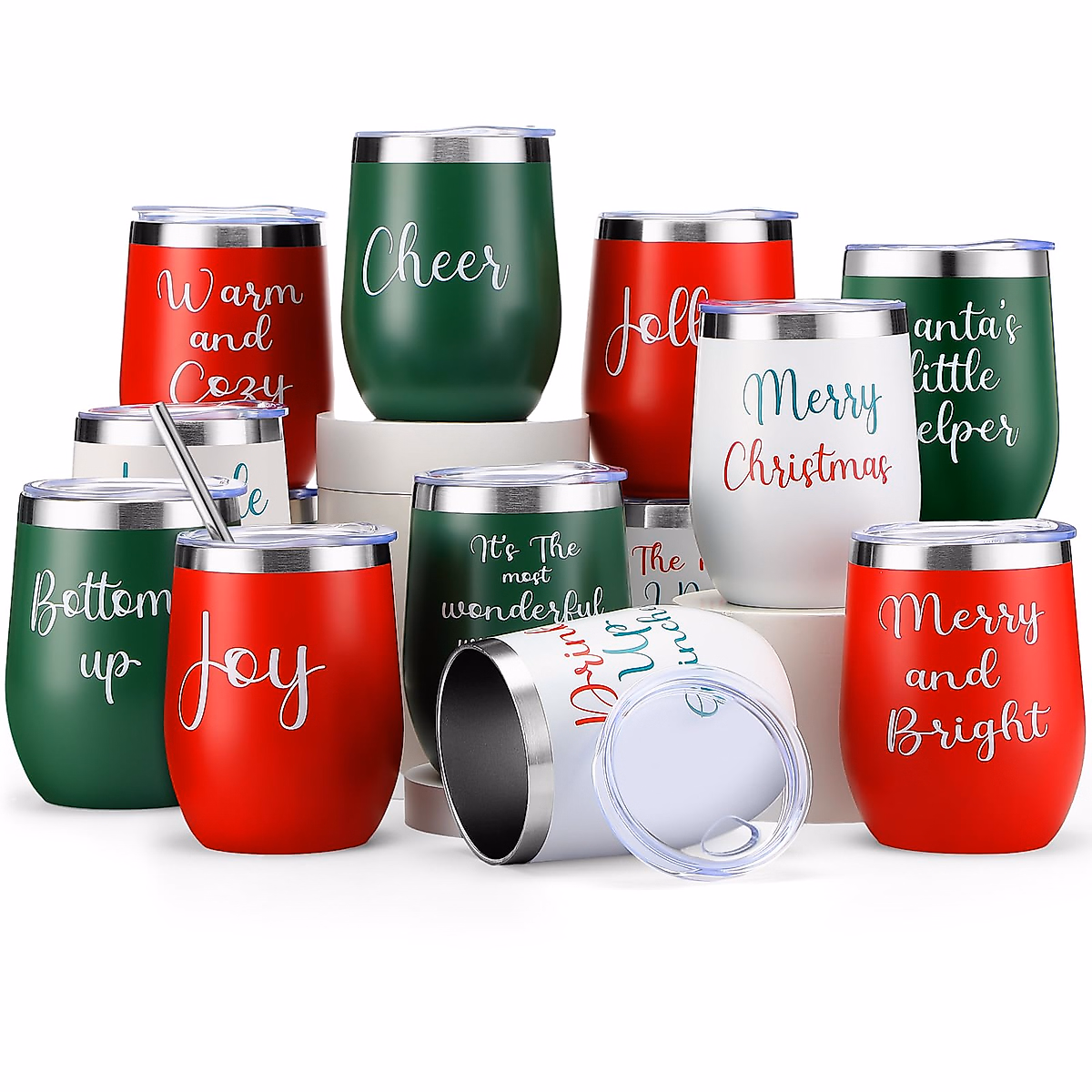 Ziliny 12 Pcs Christmas Wine Tumbler Set, 12 Oz Stainless Steel Double Wall Vacuum Insulated Coffee Mug Stemless Xmas Wine Glasses With Lid Straw Brushes for Women Friends Men Travel Gifts (Texts)