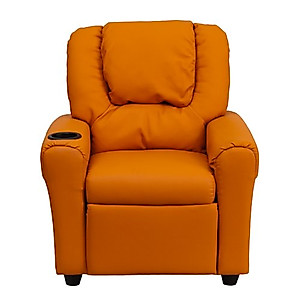BizChair Orange Vinyl Kids Recliner with Cup Holder and Headrest