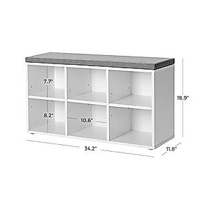 VASAGLE Shoe Bench, Shoe Storage Organizer with 6 Compartments and 3 Adjustable Shelves, Cushioned Seat, Compact and Narrow, for Entryway, Hallway, Closet, White and Gray ULHS23WT