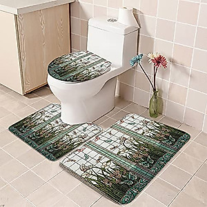 3 Piece Bath Rugs Sets, Large Flower Butterfly Dragonfly Grass Spring Non Slip Bathroom Carpet, Water Absorbent U-Shaped Toilet Mat, Toilet Lid Cover
