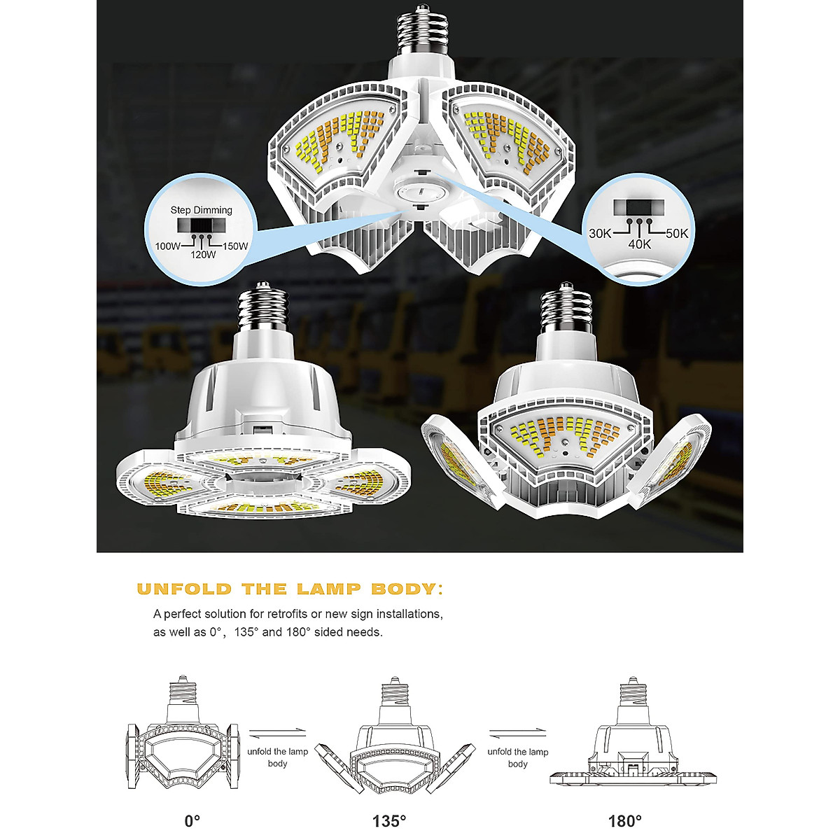 RDJ Bouns 211B 150W EX39 Base LED Garage Light Motion Sensor, White Garage Light 3000K,4000K,5000K, 4-Panel Foldable Screw-in Style, High Bay LED Shop Light, Garage Ceiling Light