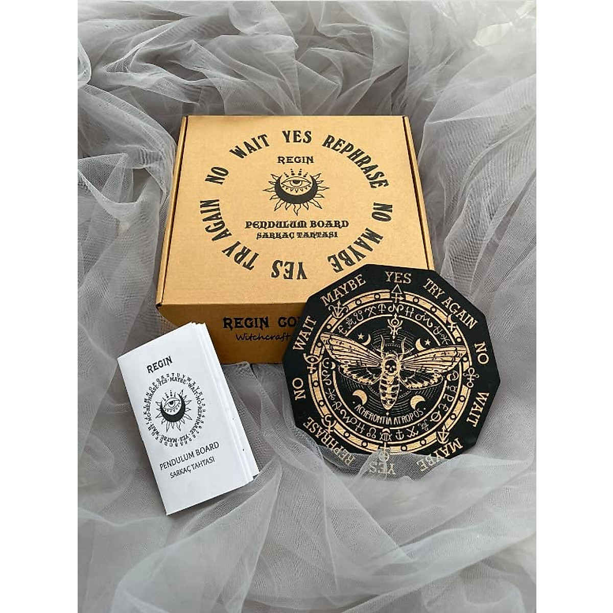 TheDarknessUnicorn Pendulum Wood Board with Natural Stone Sets Dowsing Divination Dowsing Crystal Metaphysical Message Board Black Cat Skull Moth Altar Board Divination Talking Board