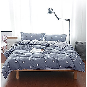 3 Pieces Duvet Cover Set Blue Gray with White Triangles - Ultra Soft and Easy Care Design Summer Bedding Duvet Cover Queen Size 90x90+ 2 Pillow Shams- 800 TC with Zipper Closure 4 Corner Ties