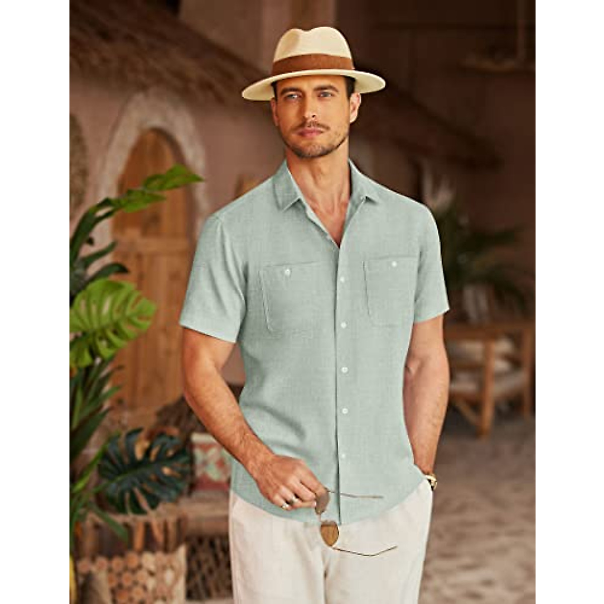 COOFANDY Men's Linen Shirts Casual Beach Button Down Short Sleeve Shirt Summer Light Green