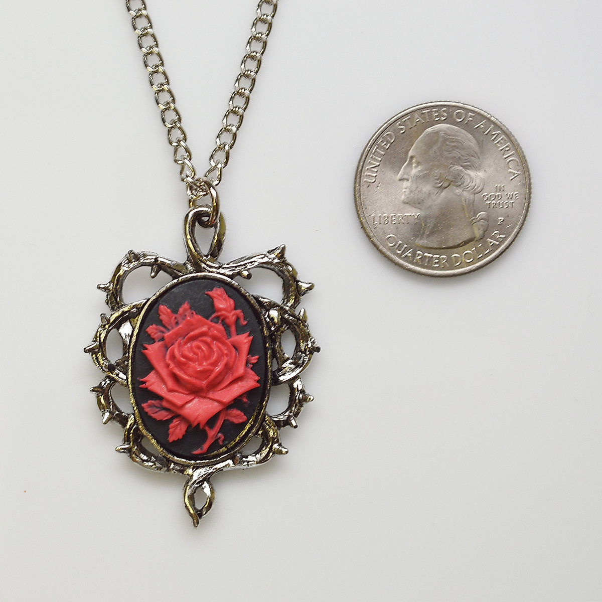 Gothic Red Rose Cameo In Thorns Pendant Necklace