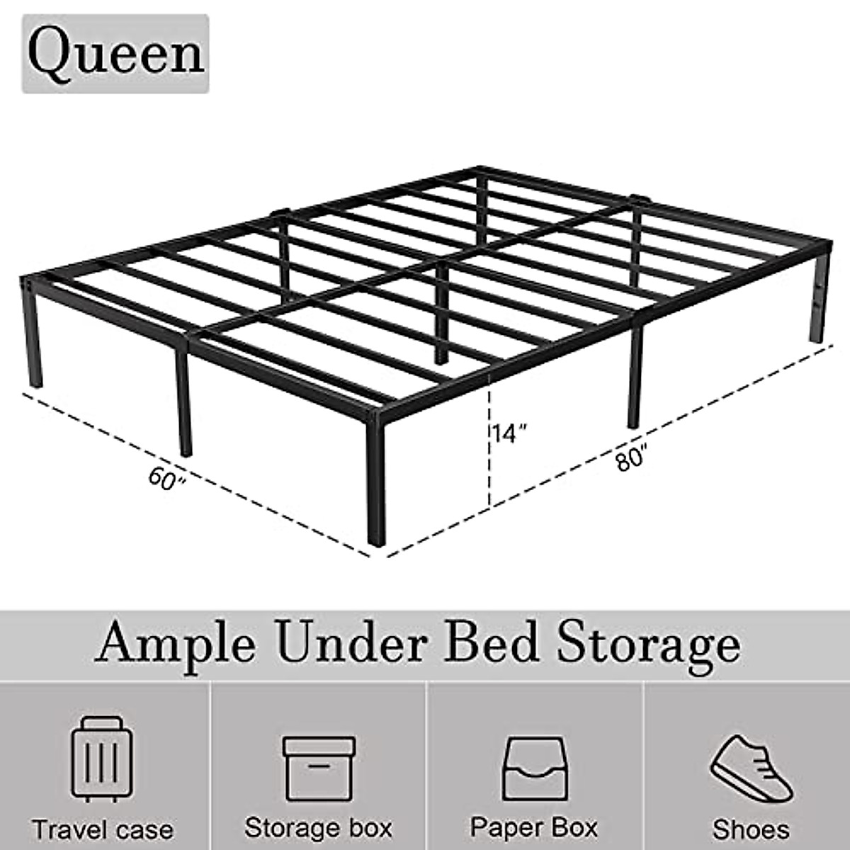 LIJQCI 14 Inch Queen Bed Frame, Metal Platform Bed Frames 3000 lbs Heavy Duty Steel Slat Support Easy Assembly Mattress Foundation Noise Free No Box Spring Needed, Black