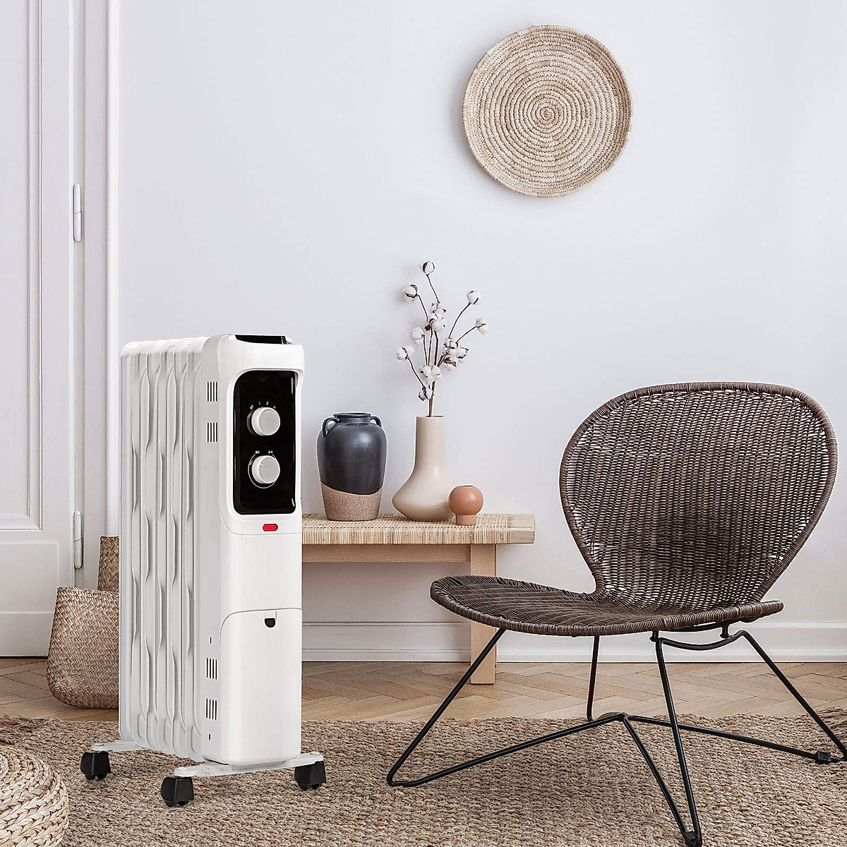 GOFLAME 1500W Oil Filled Radiator Heater, Electric Space Heater with 3 Heating Modes, Adjustable Thermostat, Tip-Over & Overheat Protection, Powerful Oil Heater for Home and Office, White