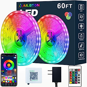 AILBTON Led Strip Lights,60ft Led Light Strip Music Sync Color Changing RGB Led Strip Built-in Mic,Bluetooth App Control LED Tape Lights with Remote,5050 RGB Rope Light Strips