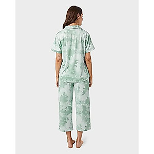 32 DEGREES Women's Cool Button Up 3 Piece Sleep Set |4-Way Stretch | Button up Top | Lounge Capri and Short, Light Mint Hazy Tie Dye, Large