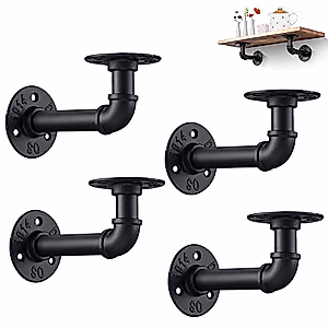 Industrial DIY Pipe Shelf Brackets,Vintage Black Iron Wall Mount Pipe Shelving Bracket, Rustic Home Pipe Shelf,4 Pack