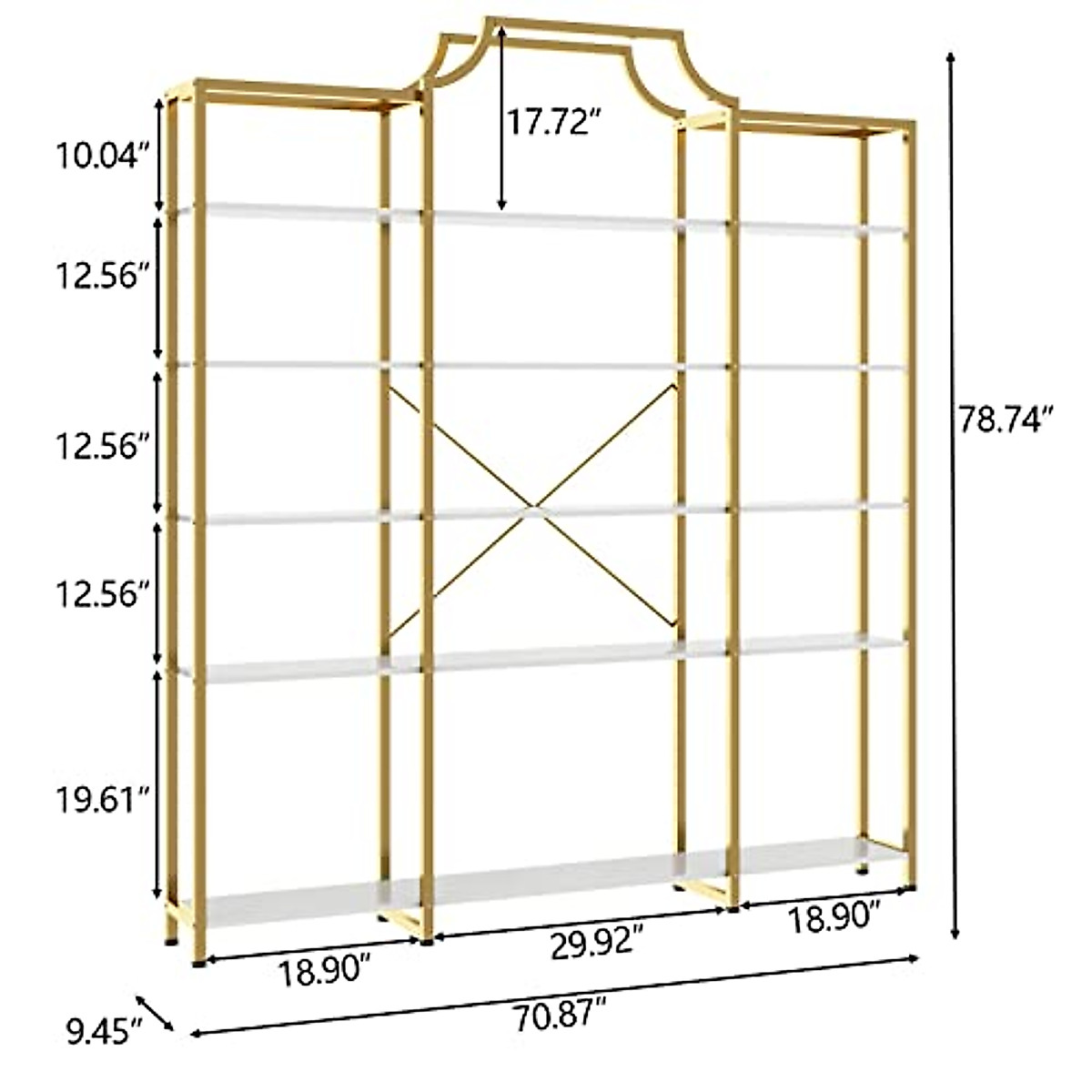 Auromie Triple Wide 5-Tier Bookshelf, 70.87" L x 79.13" H Extra Large Gold Bookcase, Tall Display Shelf with Metal Frame, Freestanding Etagere Storage Display Shelf for Home Office, White Gold