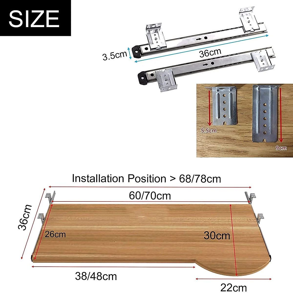 Wooden Keyboard Tray Under Desk Sliding, Ergonomic Underdesk Keyboard Tray Shelf Height Adjustable Keyboard Stand Drawer, Desk Extender for Keyboard and Mouse (Color : Black Walnut, Size : 60 * 26cm)