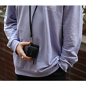 WOLFselection Mini Airpods Pouch - Genuine Leather Credit Card Holder with Zipper Case for AirPods Galaxy Buds Earphones - Mens Womens Wallets with Leather Lanyards for Neck and Wrist