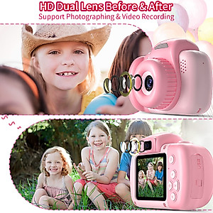 Kids Camera, HAONIU 48MP Digital Dual Camera Kids Toys for Boys/Girls 3-12 Years Old, Kid Selfie Camera with 2.0 Inch IPS Screen, 32GB SD Card, 1080P HD Video Cameras for Toddler Birthday Gifts (Pink)