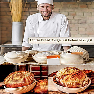 10" Round Bread Banneton Proofing Basket for Sourdough, Rising Dough Baking Bowl Kit, Gifts for Artisan Bread Making Starter, Includes Linen Liner, Metal Dough Scraper, Scoring Lame & Case, 5 Blades