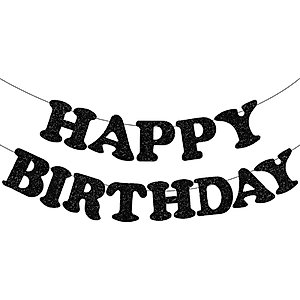 Whaline Black Glitter Happy Birthday Banner Black Party Decoration Hanging Garland for Birthday Baby Shower Party Backdrop Supplies