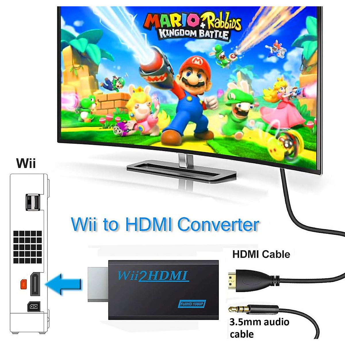 sartyee Wii Hdmi Converter Adapter, Wii 2 to Hdmi 1080P Connector Output Video 3.5mm Audio - Supports All Wii Display Modes, Black