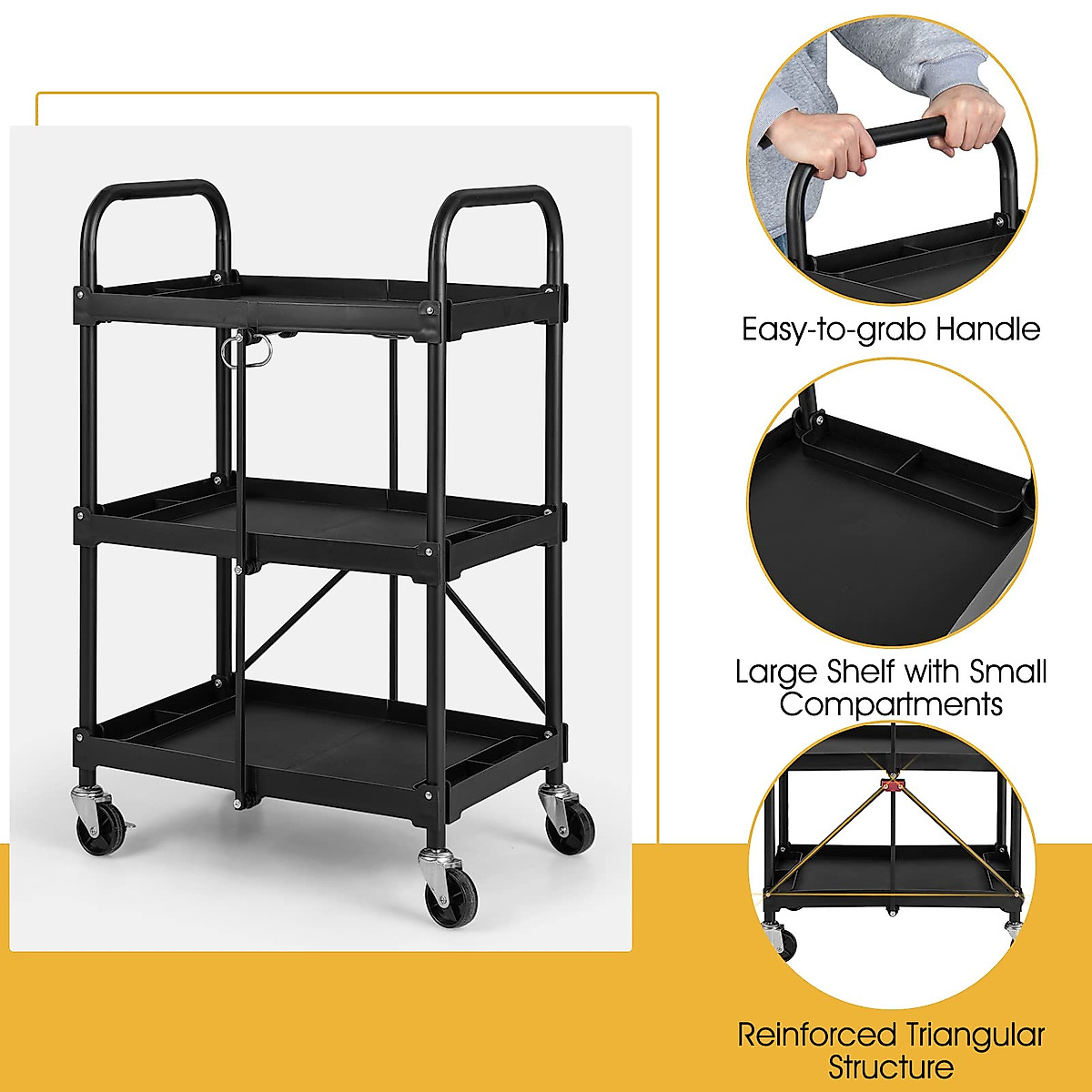 Goplus Folding Utility Cart, 3-Tier Rolling Tool Cart w/Lockable Wheels, Divided Storage Compartments, Collapsible Metal Service Cart Work Cart for Office Home, Garage, Kitchen, Black