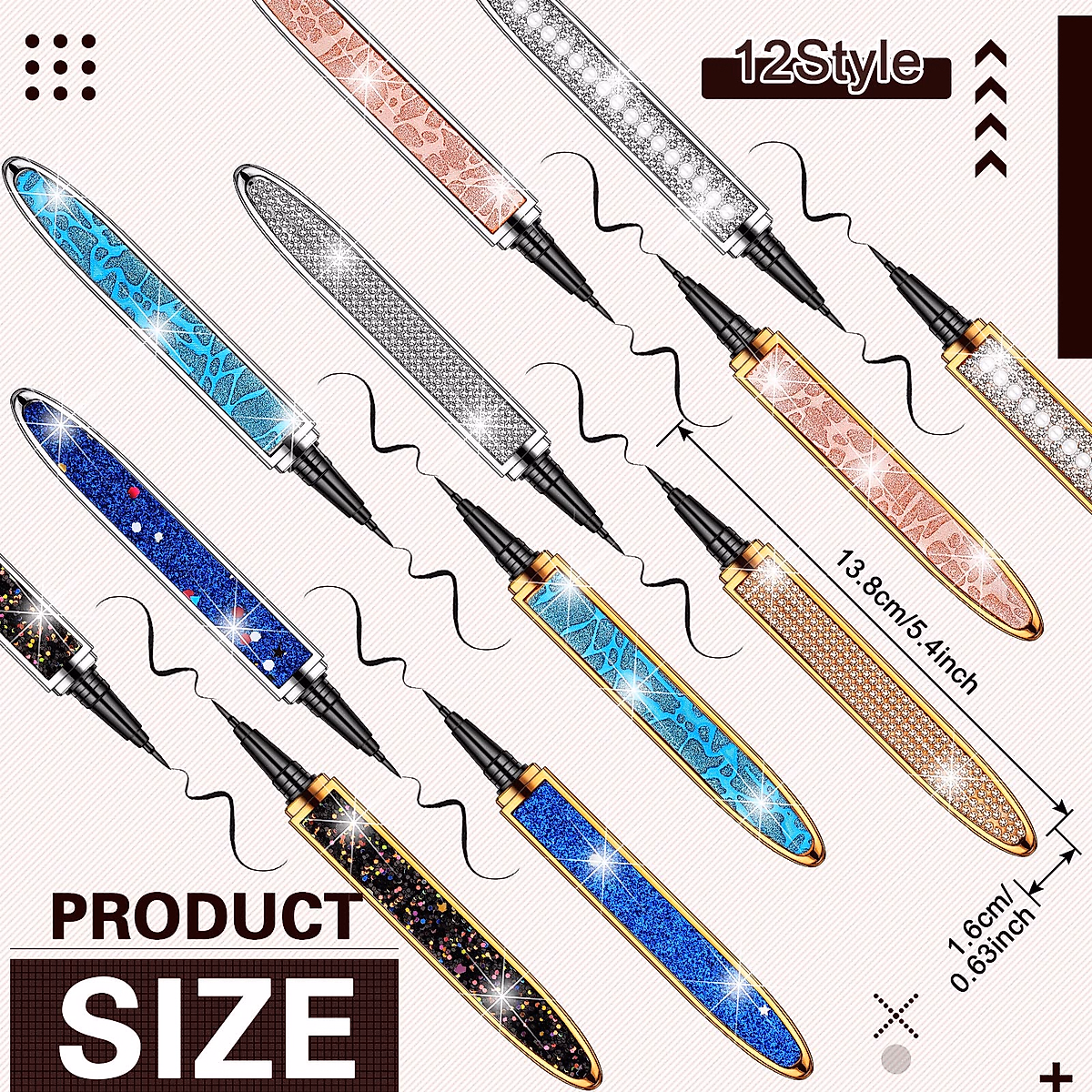 12 Pieces Self Adhesive Eyeliner 2 in 1 Eye Liner Pen Diamond Liquid Eyeliner No Glue No Magnetic Eyeliner Waterproof Lasting for Women Girls Eye Makeup False Eyelashes Gift, Black