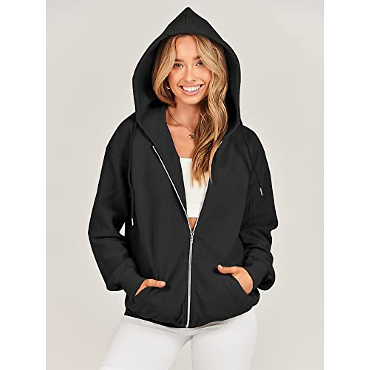 ANRABESS Women's Zip Up Hoodie Oversized Fall Sweatshirts Y2k Jacket Rib Knitted Casual Long Sleeve Shirts Comfy Clothes Black 931heise-XL