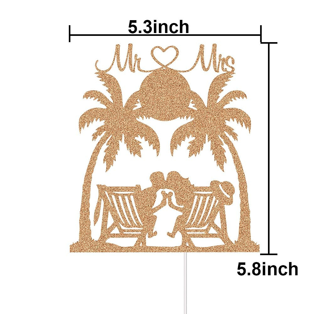 Mr & Mrs Wedding Cake Topper, The Groom Kissing Bride Sit on Chair, Hawaii Beach Sunrise and Sunset Wedding Party Decorations Travel Party, Rose Gold Glitter
