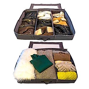NDR Home XL Under Bed Boots Shoes Clothes Storage Organizer, Adjustable Dividers - Fits Tall Boots or 12 Pairs of Shoes - Compact space saving storage (Grey). Extra durable material, 36x25x6in.