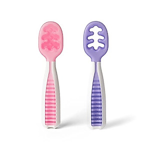 NumNum Pre-Spoon GOOtensils | Baby Spoon Set (Stage 1 + Stage 2) | BPA Free Silicone Self Feeding Toddler Utensils | for Kids Ages 6 Months+, 1-Pack, Two Spoons, Frosty Lilac/Rosebud