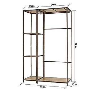 Trinity Garment Rack with Bamboo Shelves and 4-Tier Shelf Tower for Clothing Storage, Closet Organization for Home with Decorative Book Shelf and Display Stand, Bronze