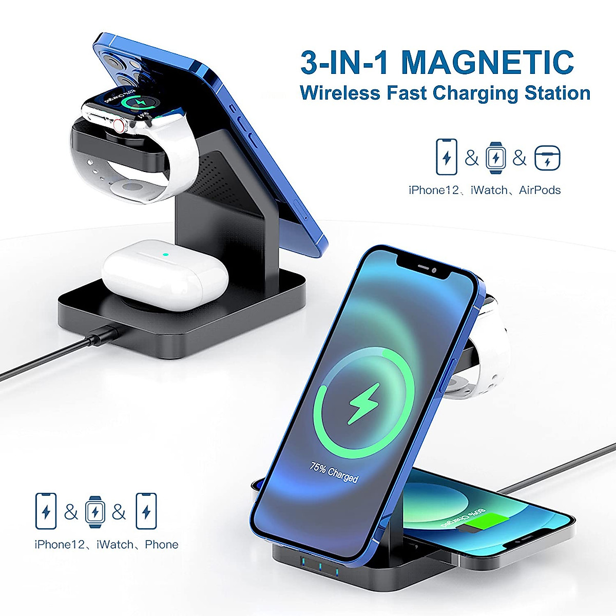 Catalpa U 3 in 1 Wireless Charging Station Compatible for Magsafe Fast Magnetic Charging Stand Compatible with iPhone 14/13, 14/13 Pro, 14/13 Pro Max, 13/12 Mini, AirPods Pro/AirPods 2 iwatch