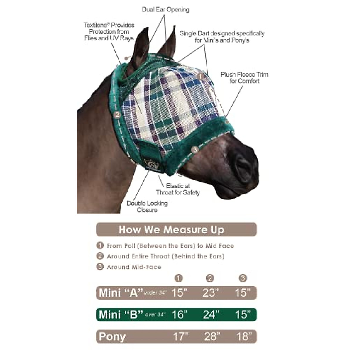 Kensington Fly Mask with Fleece Trim for Horses — Protects Face and Eyes From Flies and UV Rays While Allowing Full Visibility — Breathable and Non Heat Transferring Makes it Perfect Year Round, Large, Deluxe Black Plaid