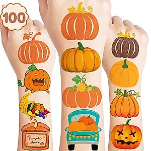 Cute Pumpkin Temporary Tattoos 10 Sheets 100 PCS Fall Pumpkin Party Decorations Favors Supplies Fall Theme Birthday Stickers Halloween Gifts for Boys Girls Kids Class School Prizes Carnival Christmas