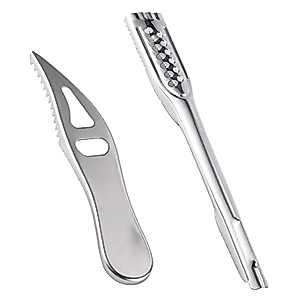 BESTonZON 3 Sets Scaler Skin Manual Scale Cleaner Peeler Flat Bottle Scraper Prong+Flat Knives Opener Tool Kitchen Seafood Faster Removing Prong Steel Fishs Remover Fish Accessories Easier