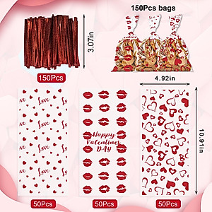 Hying 150 PCS Happy Valentine's Day Cellophane Bags with Twist Ties for Gifts, Love Heart Kiss Cello Treat Bages Valentines Treat Bags for Cookie Candy Goodies Wrapping Supplies