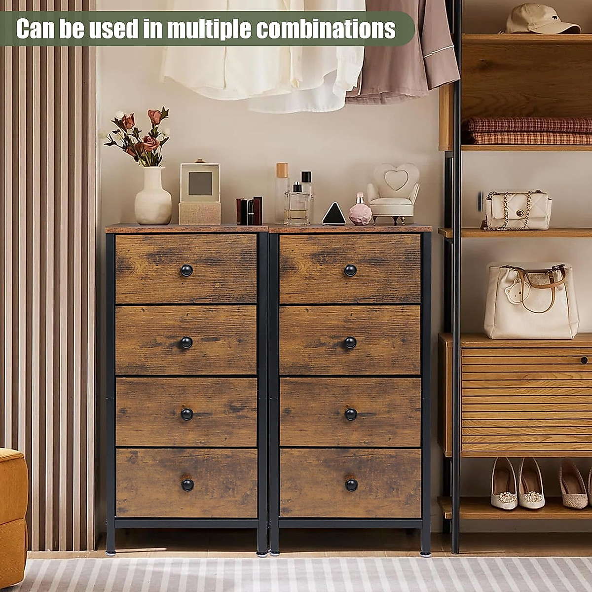 Front & Top Wood Storage Chest of Drawers for Small Space - 16"L ×12"W ×31.5"H Wood and Steel Storage Tower with Removable 4 Fabric Drawers, Combination Dresser for Bedroom,Entryway,Corner,Dark Brown