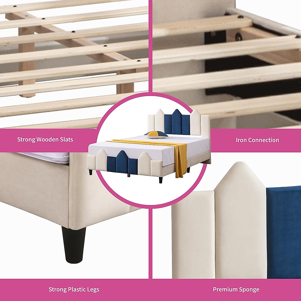 Mixoy Twin Size Kids Bed Frames,Upholstered Twin Platform Bed Frame for Children with Headboard,Toddler Bed for Boys & Girls, Teens,No Box Spring Needed, Easy Assembly(Blue/White,Twin)