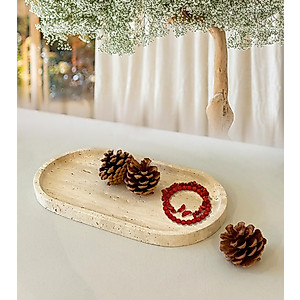 Natural Oval Beige Marble Tray 11.8 x 5.9inches, Travertine Stone Tray Bathroom Vanity Tray Catchall Tray for Jewelry Perfume Candle, Large Decorative Tray for Nightstand/Bedroom/Counter/Home Decor