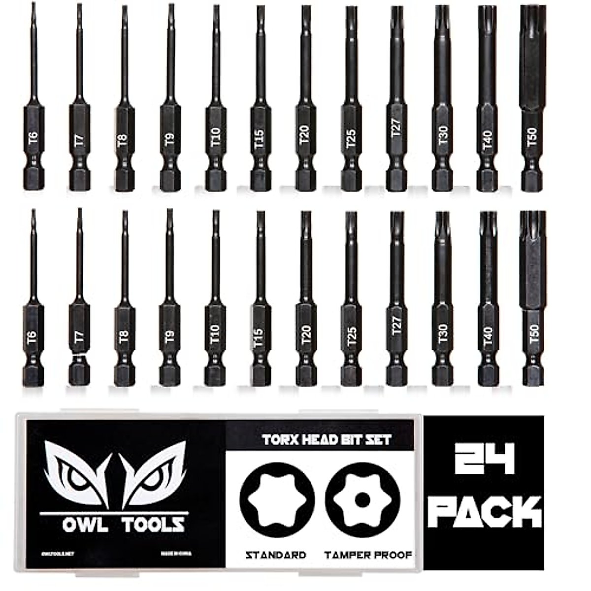 Owl Tools Torx Bit Set (24 Pack in Standard Torx Star Bits & Security/Tamper Proof) Sizes - T6 - T50 - Hex Shank Bit with Magnetic Tips - Hardened CRM Steel Alloy - 2.3" Long