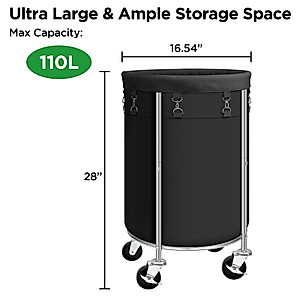 Laundry Hamper with Wheels, Rolling Laundry Basket, Round Laundry Sorter Cart with Steel Frame and Removable Bag, 4 Casters and 2 Brakes, Ideal for Bedroom, Bathroom, Laundry Room, Black