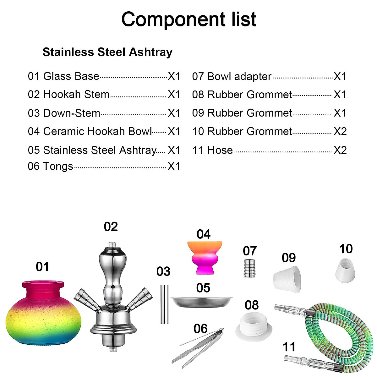 2 Hose Hookah Set 11'' Small Shisha Hookah Set With Mini Pumpkin Glass Vase, Ceramic Bowl, Leather Hose, Coal Tong, Hookah Foil, Disposable Tips (Colorful)