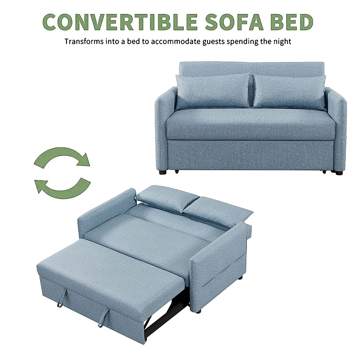 Aoowow Convertible Sleeper Sofa Bed 57 Inches, Faux Leather 2 Seats Sofa with Pull Out Bed,Loveseat Sofa Couch with Adjustable Backrest, 2 Pillows Pocket for Living Room Small Apartment (Sky Blue)