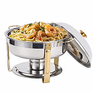 Amhier 5 Qt Chafing Dish Buffet Set with Stainless Steel Lid, Round Chafers and Buffet Warmers Sets with Food and Water Trays for Catering, Parties, Hotels and Weddings, Gold, 1 Pack