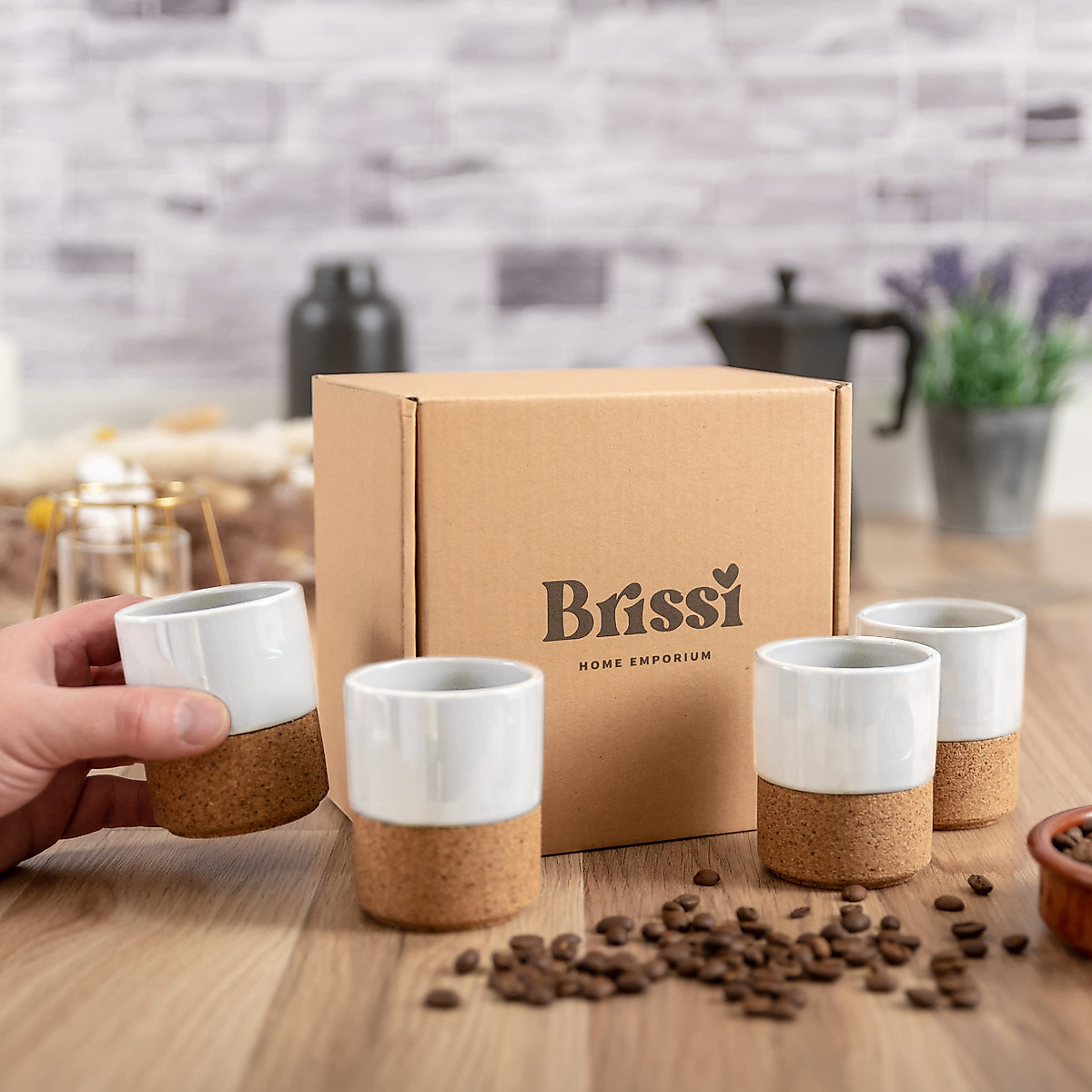 White Double Espresso Cups Set of 4 - Removable Cork Insulating Base Ceramic Coffee Cup Mug 4oz with Removable Cork Sleeve - Stackable - Handleless