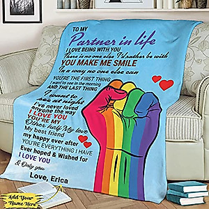LGBT Gay Lesbian Pride Personalized Blanket for Life Partner with Name, Gift for Christmas Birthday Anniversary Valentines Day, Fleece Blanket for Couch Bed Sofa Travelling Camping, Printed in USA