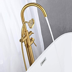 Wowkk Tub Filler Freestanding Bathtub Faucet Brushed Gold Floor Mounted Brass Bathroom Tub Faucets with Hand Shower
