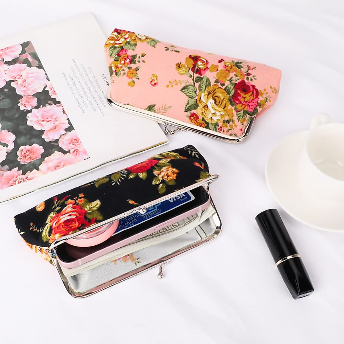 Oyachic 2 Pcs Large Coin Purse,Floral Change Purse,Long Wallets Clasp Kiss Lock, Vintage Coin Pouch for Woman Girls